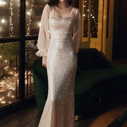 Elegant Women Fishtail Sequins Long Sleeved Banquet Temperament Long ...