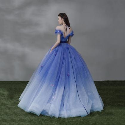 Temperament Elegant Evening Banquet Women Gradient Blue Tutu Evening ...