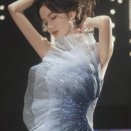 Elegant Beauty Ladies Gradient Blue Color Change Tube Top Off Shoulder ...