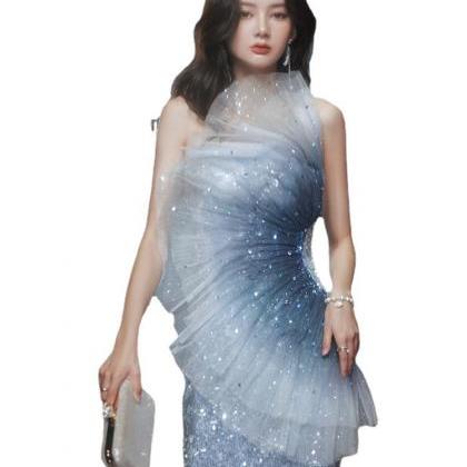 Elegant Beauty Ladies Gradient Blue Color Change Tube Top Off Shoulder ...