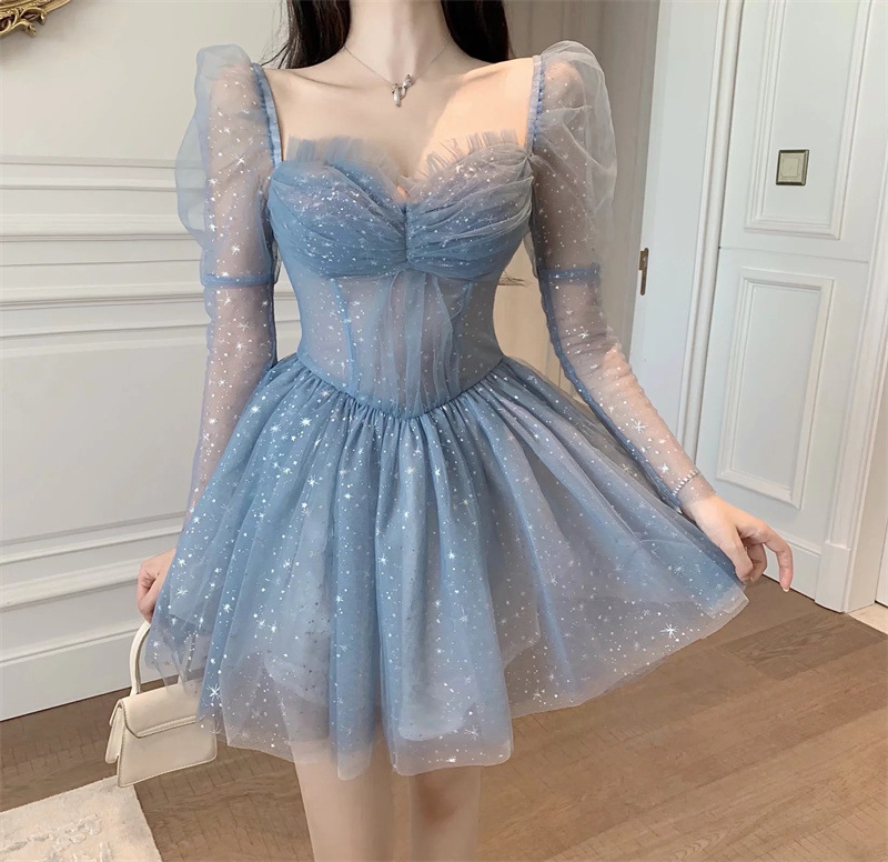 Beauty Nice Women Off Shoulder Puff Sleeved Blink Mesh Puffy Party ...