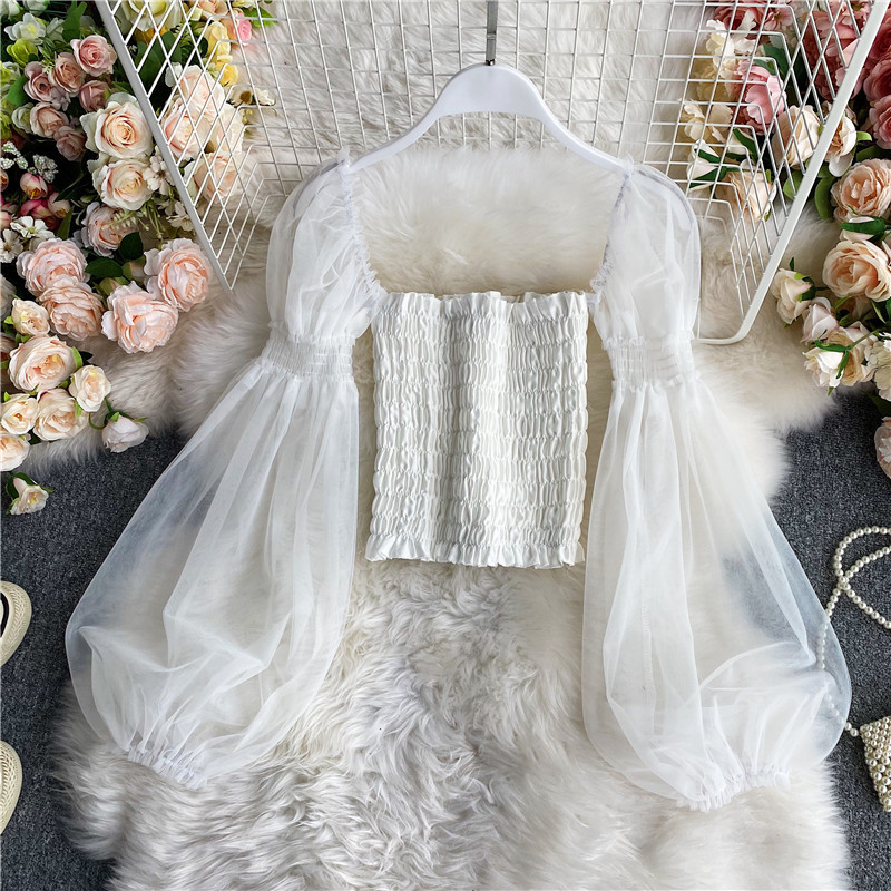 Ladieswear Solid Mesh Puff Sleeve Square Collar Neck Off Shoulder ...