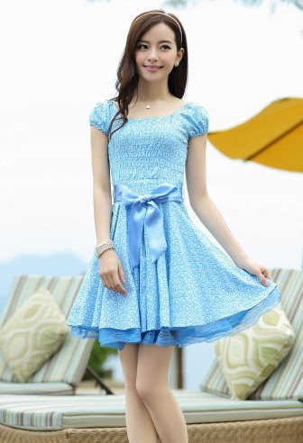 Blue Pattern Print Bow Waist Pleated Retro Lace One Piece Dress on Luulla
