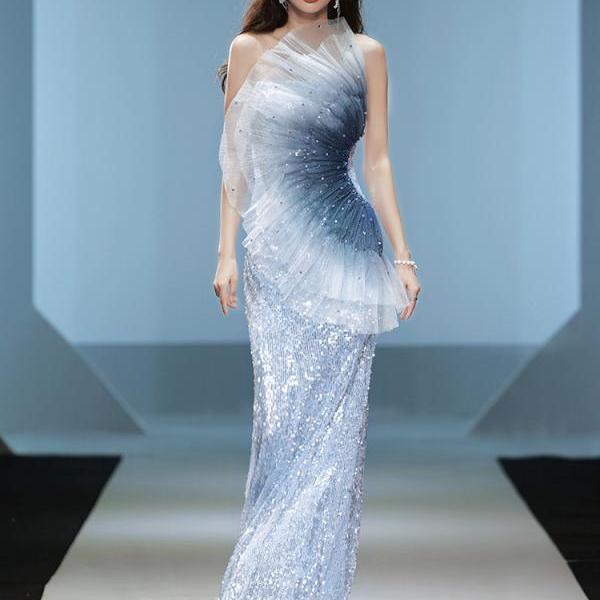 Elegant Beauty Ladies Gradient Blue Color Change Tube Top Off Shoulder ...