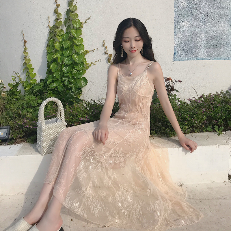 Lace Fishtail Sling Strap Temperament Fairy Dress Knitted Cardigan Two ...