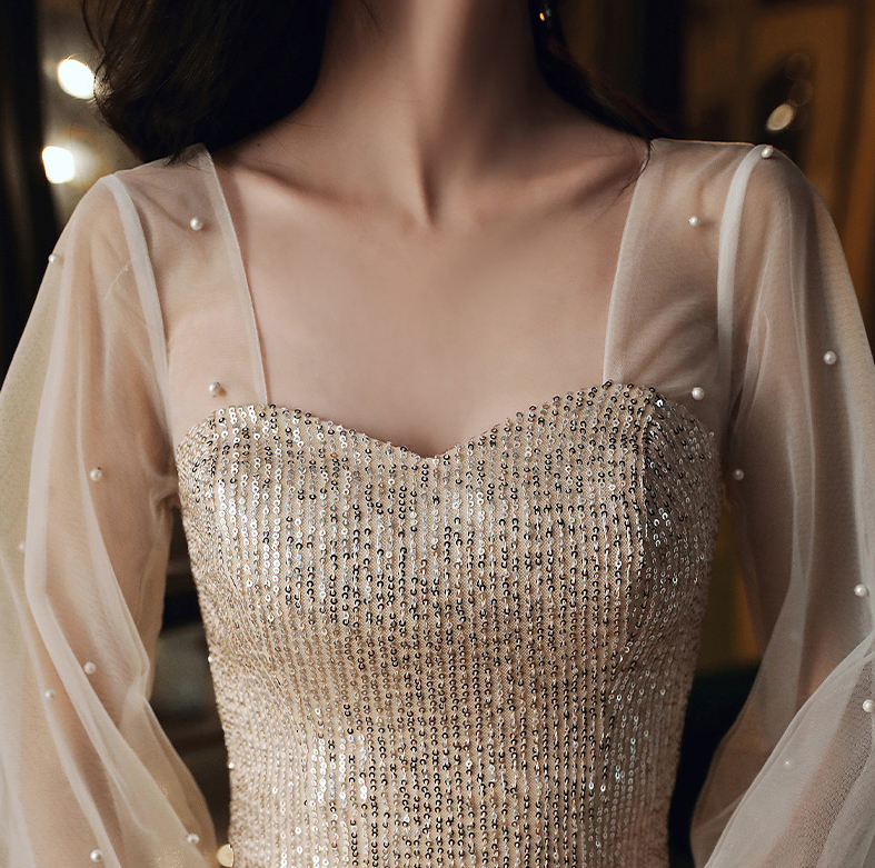 Elegant Women Fishtail Sequins Long Sleeved Banquet Temperament Long ...