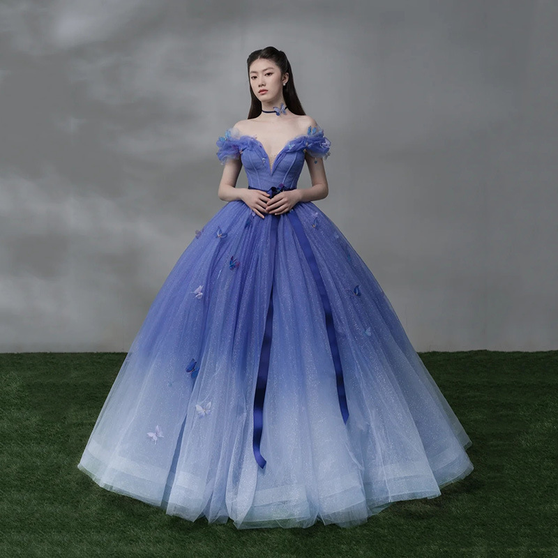 Temperament Elegant Evening Banquet Women Gradient Blue Tutu Evening ...
