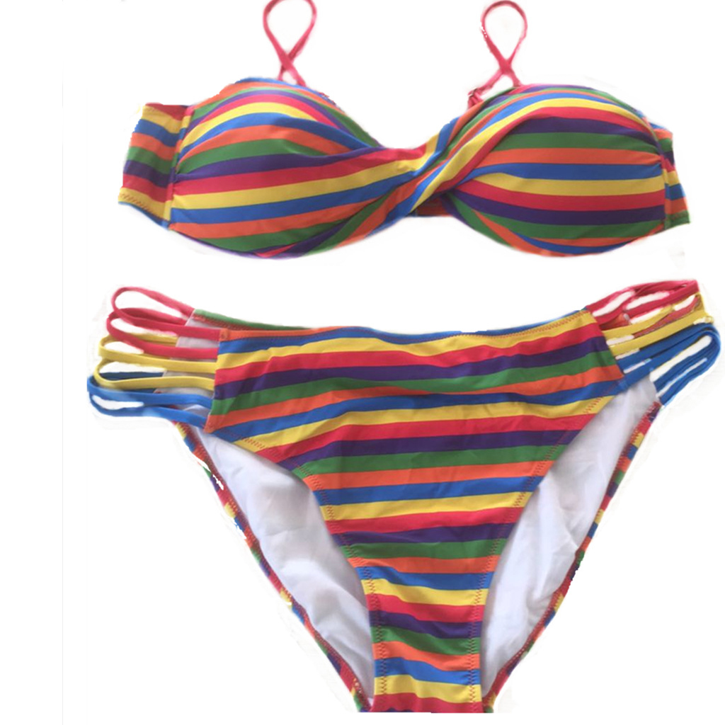 Multicolor Rainbow Swim Swimming Two Pieces Striped Sexy Push Up Multi ...