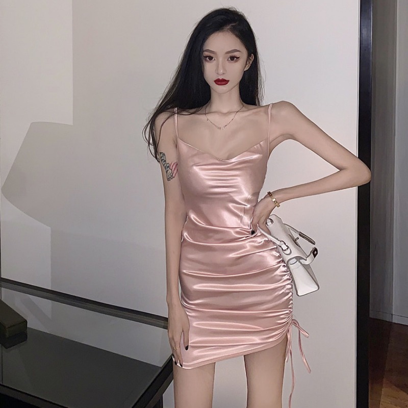 Summer Sexy Women Luxury Pink Pleated V-neck Spaghetti Strap High Waist ...