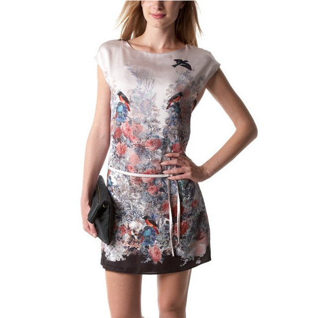 Chic Spring Europe Women Vintage Floral Flying Bird Animal Dress Party ...